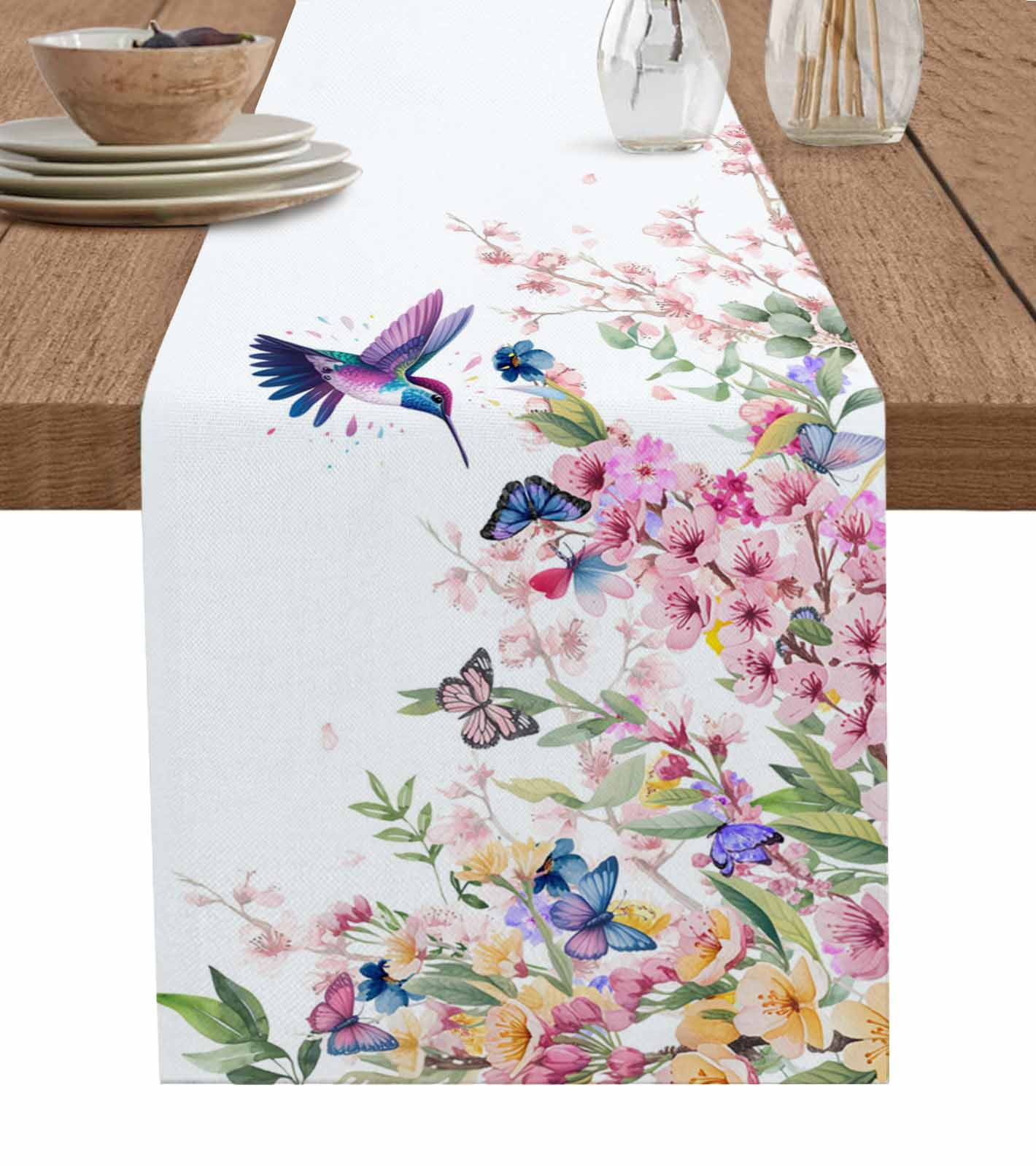 Botanical Flowers Table Runner 72 Inches, Watercolor Floral Bird ...