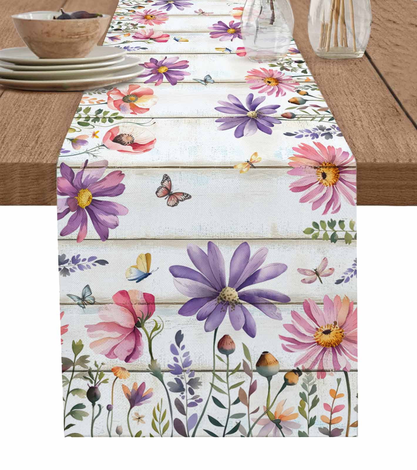Botanical Flowers Table Runner Cotton Linen 36 Inch Holiday Dresser ...
