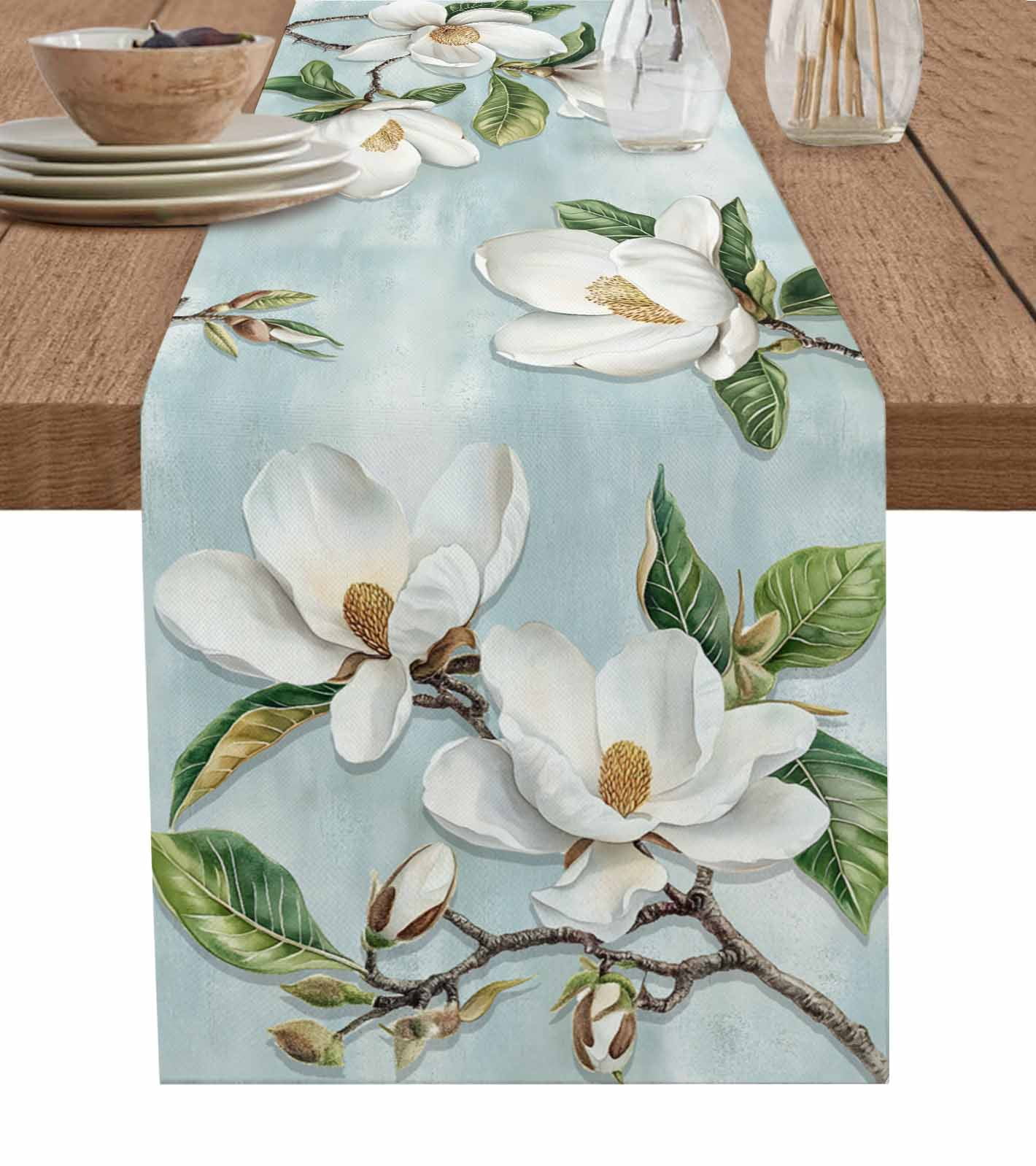 Botanical Flowers Table Runner Country Magnolia Leaves Branches ...