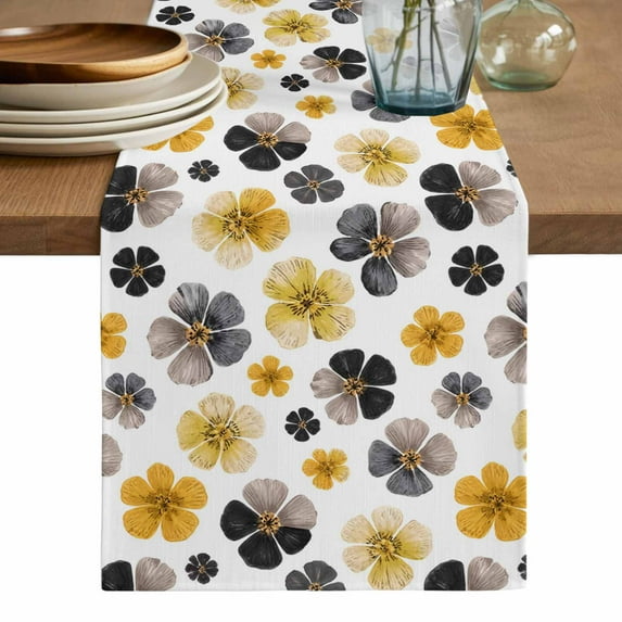 Botanical Flowers Table Runner, Farmhouse Yellow Gray Floral Plants ...