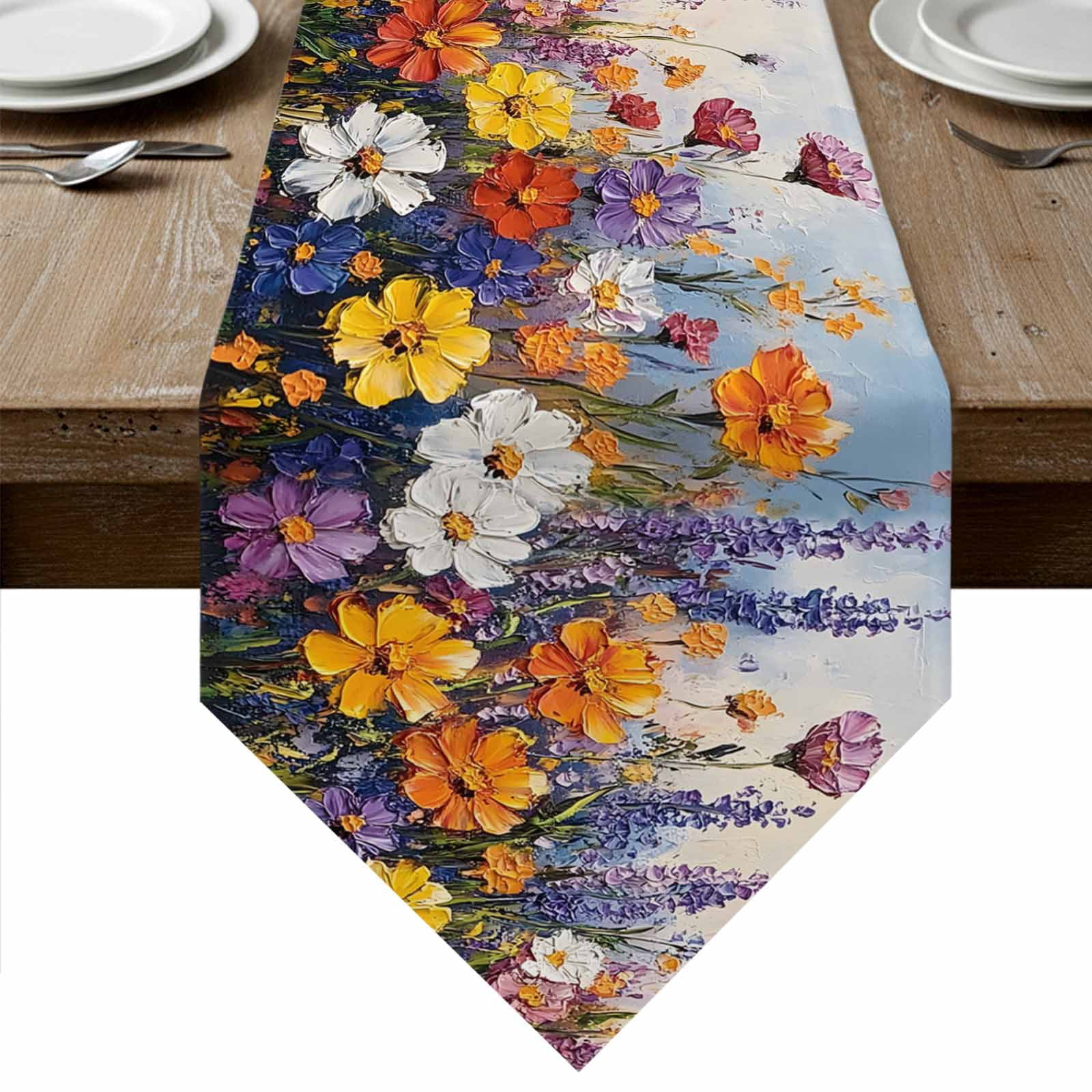 Botanical Flowers Table Runner Linen Burlap Table Runner 72 Inches Long ...