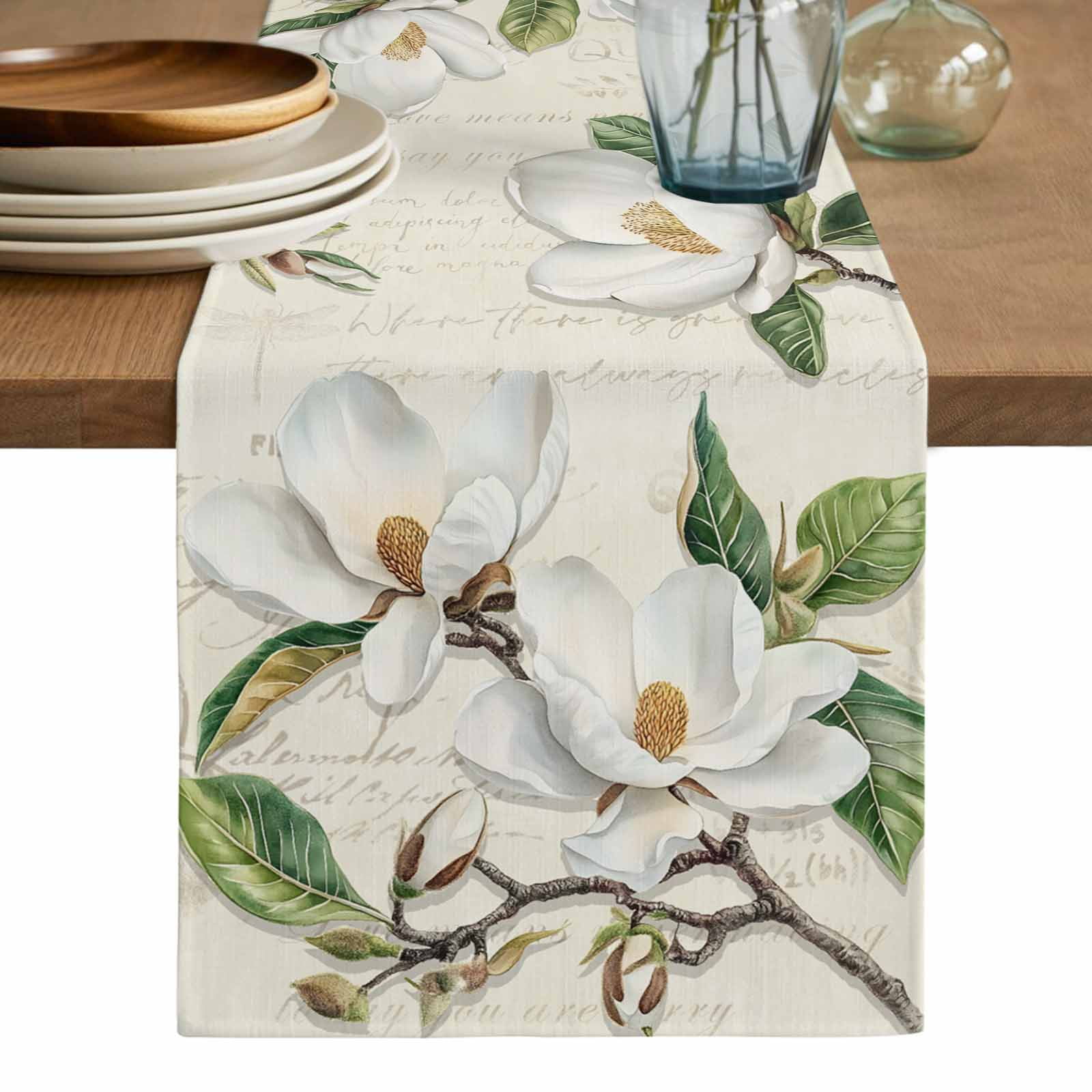 Botanical Flowers Table Runner, Vintage Rustic White Floral Leaves ...