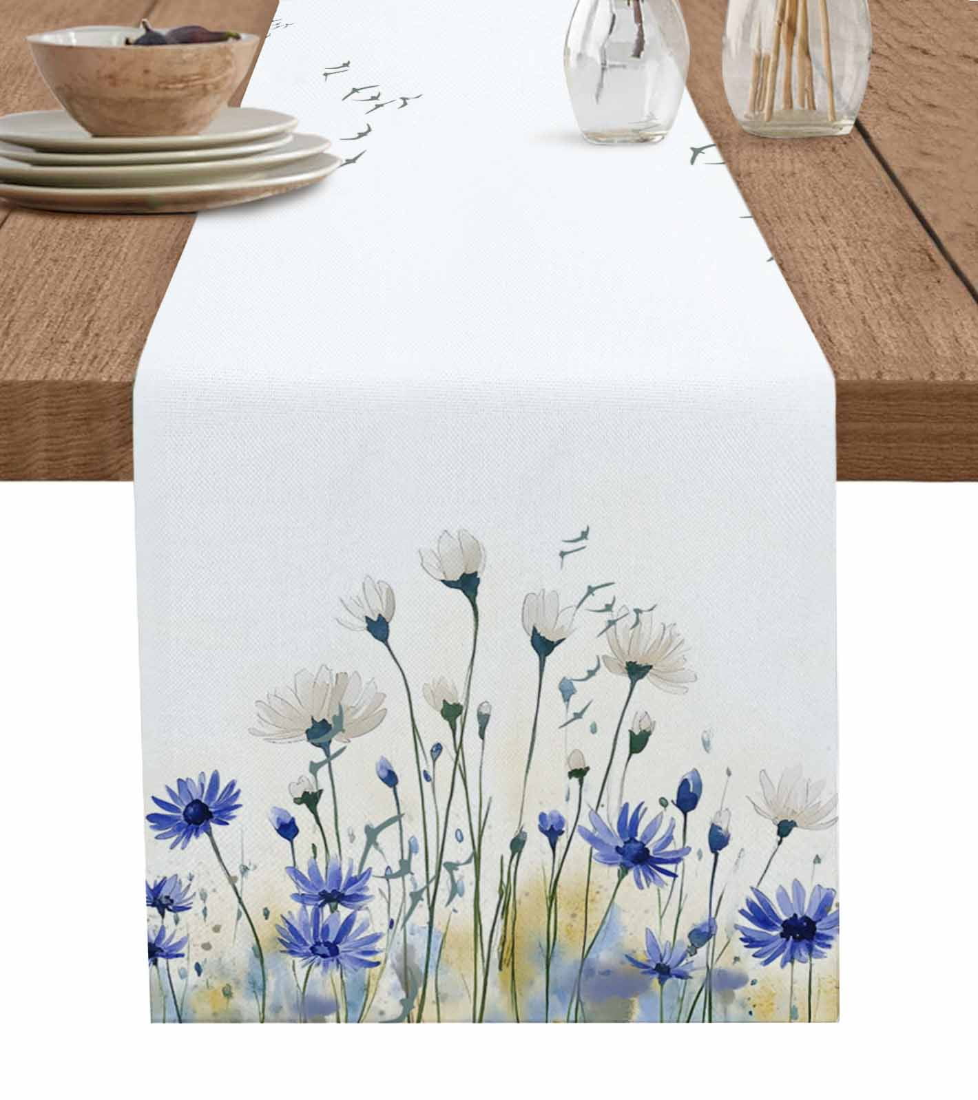 Botanical Flowers Table Runner Watercolor Country Blue White Floral ...