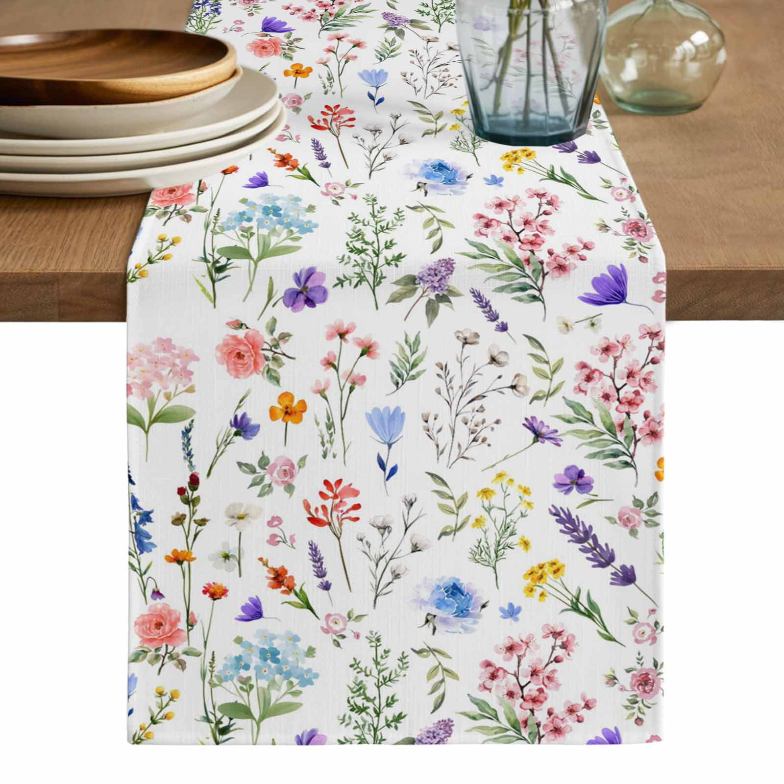 Botanical Flowers Table Runner, Watercolor Floral Plants Country ...