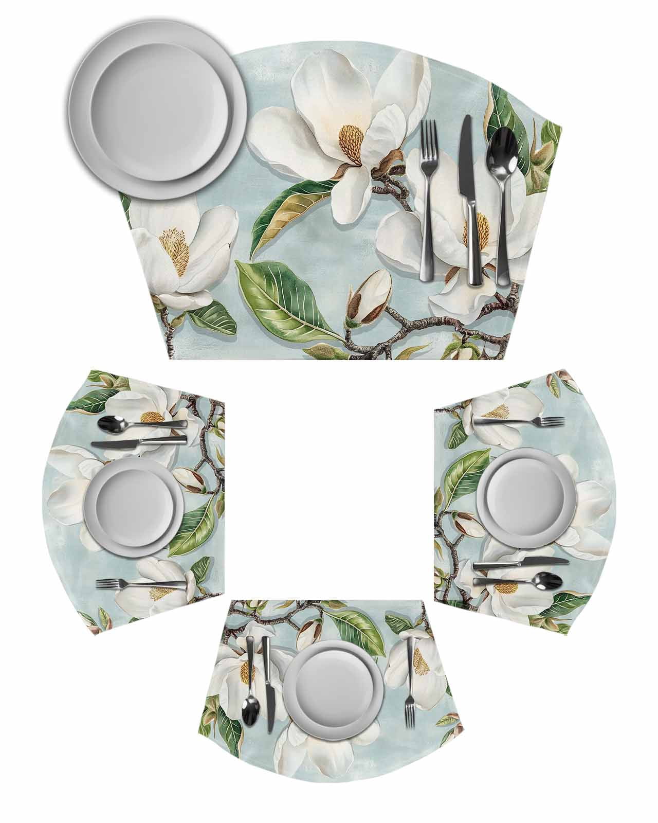 Botanical Flowers Wedge Shaped Placemats Set of 2, Cotton Linen Fan ...