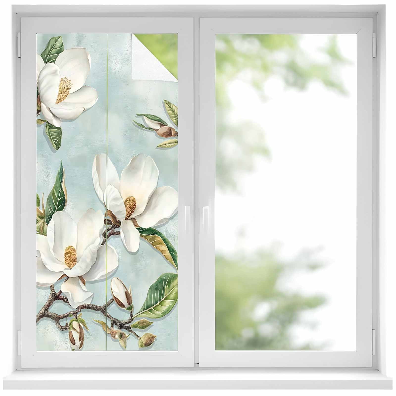 Botanical Flowers Window Privacy Film, Country Magnolia Leaves Branches ...