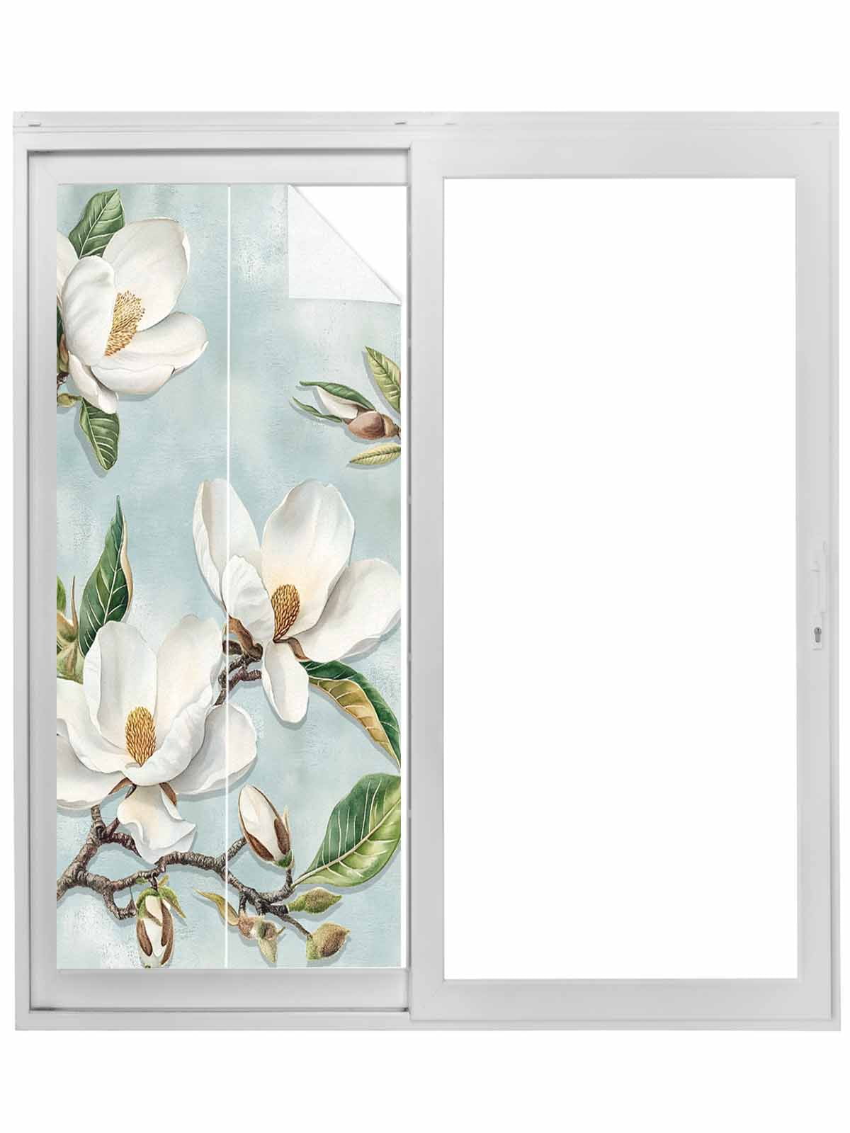 Botanical Flowers Window Privacy Film, Country Magnolia Leaves Branches ...