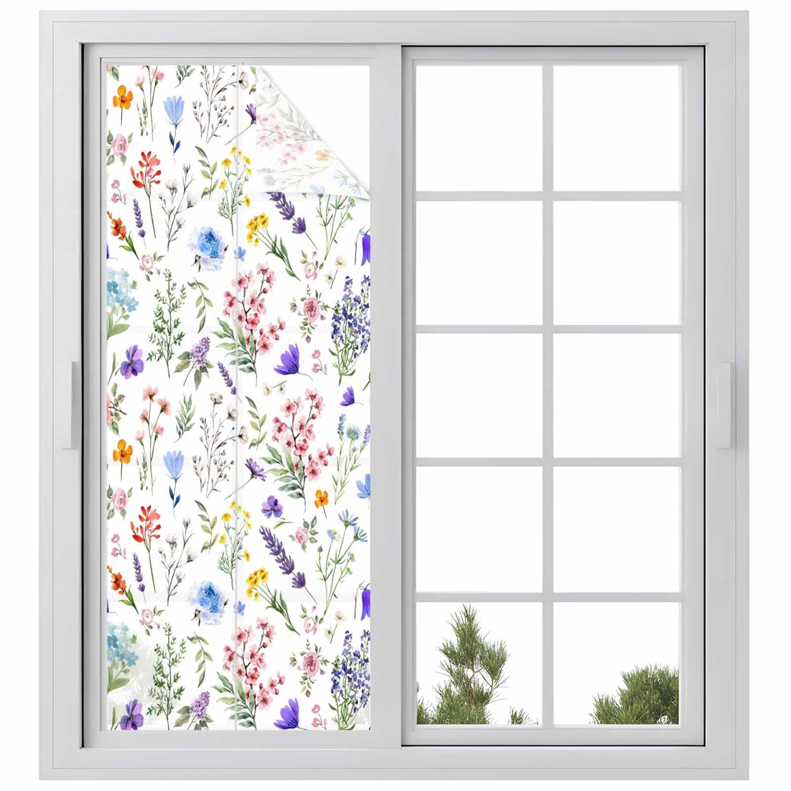 Botanical Flowers Window Privacy Film, Watercolor Floral Plants Country ...