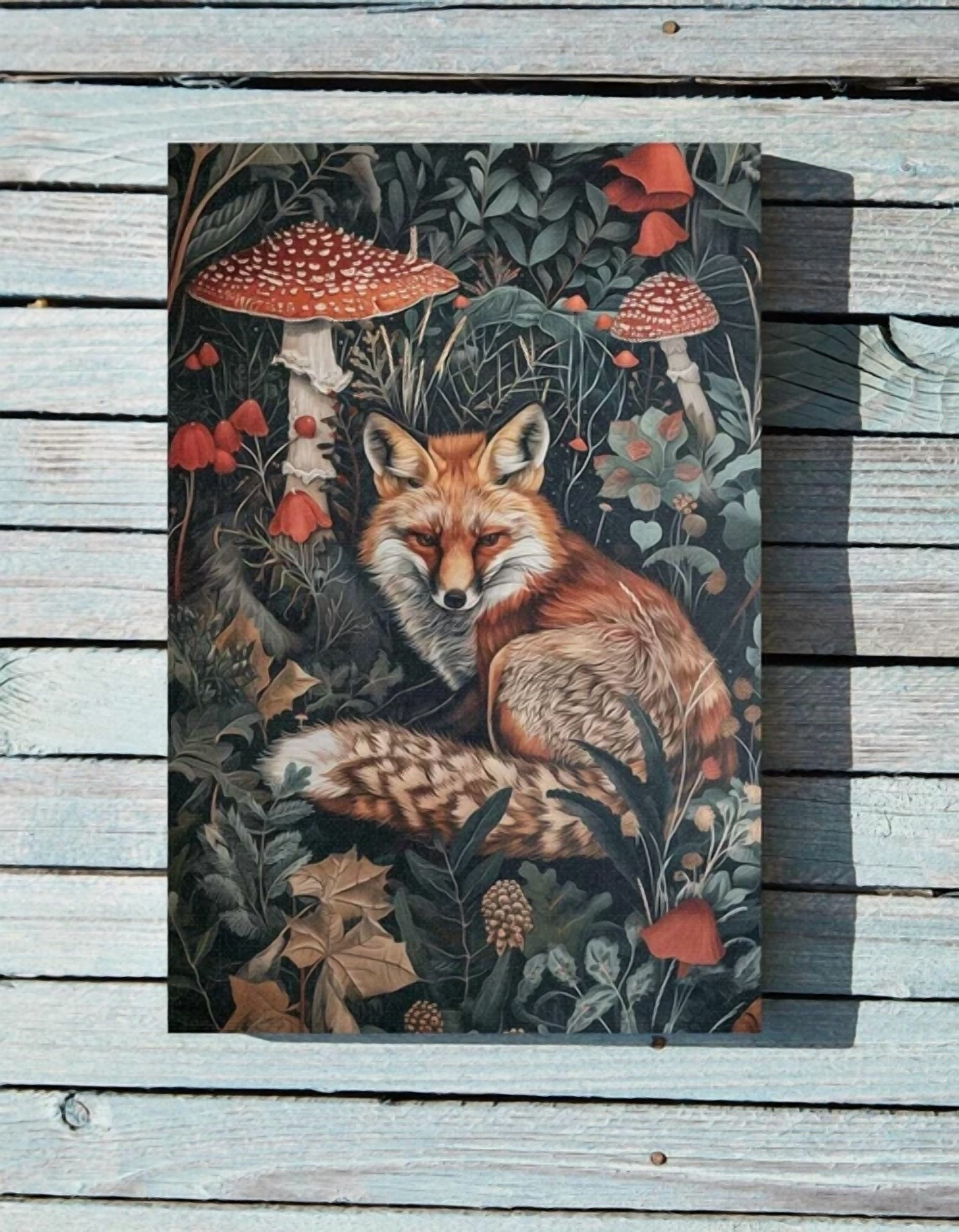 Botanical Fox & Mushroom Vintage Painting Wall Art Home Decor Vintage ...
