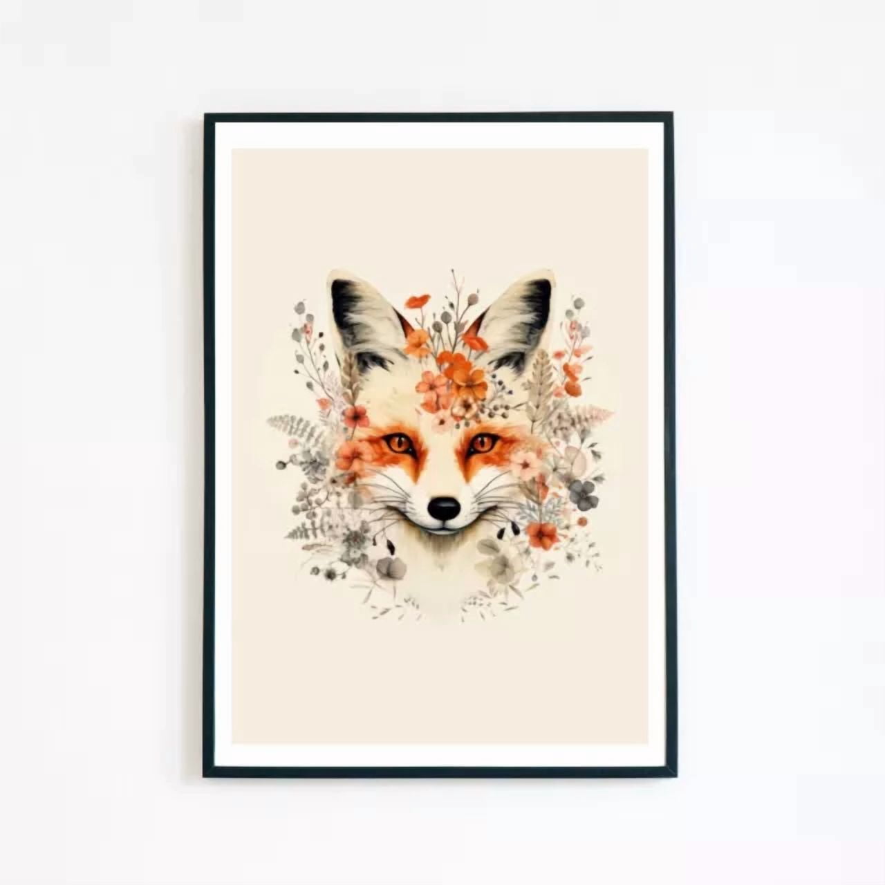 Botanical Fox Painting Wildlife Flowers Illustration Vintage Wall ...