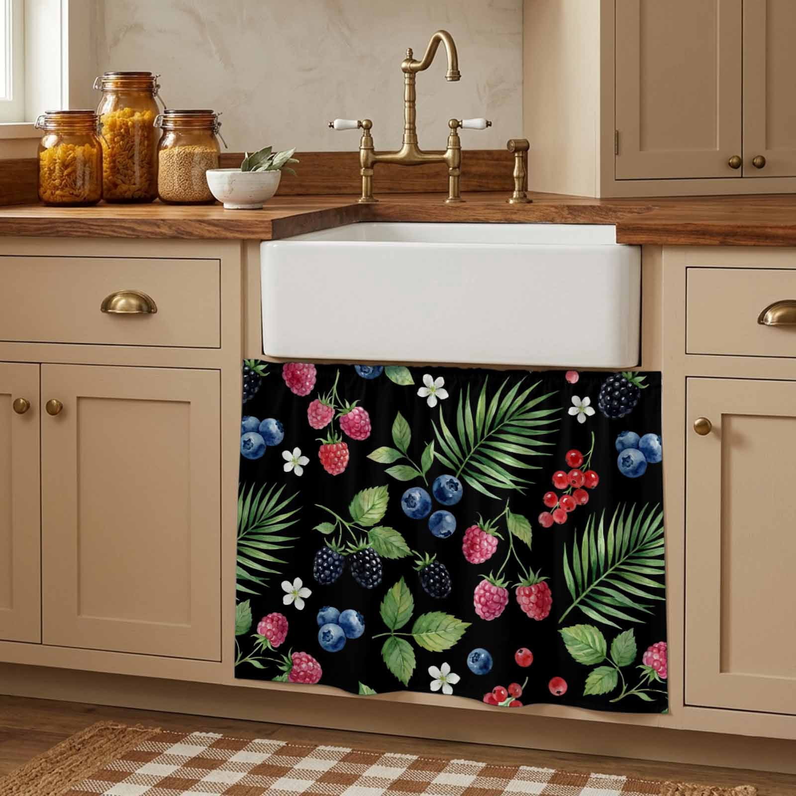 Botanical Fruit Small Cabinet Curtains 10"W x 11"L, Retro Blueberry ...