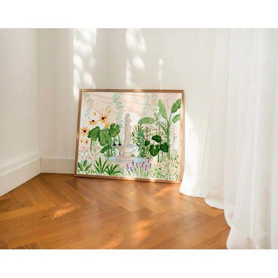 Botanical Garden Art Poster Fountain, Peachy Pink Decor, Unframed Canvas Size 16x24 F03.1 ...