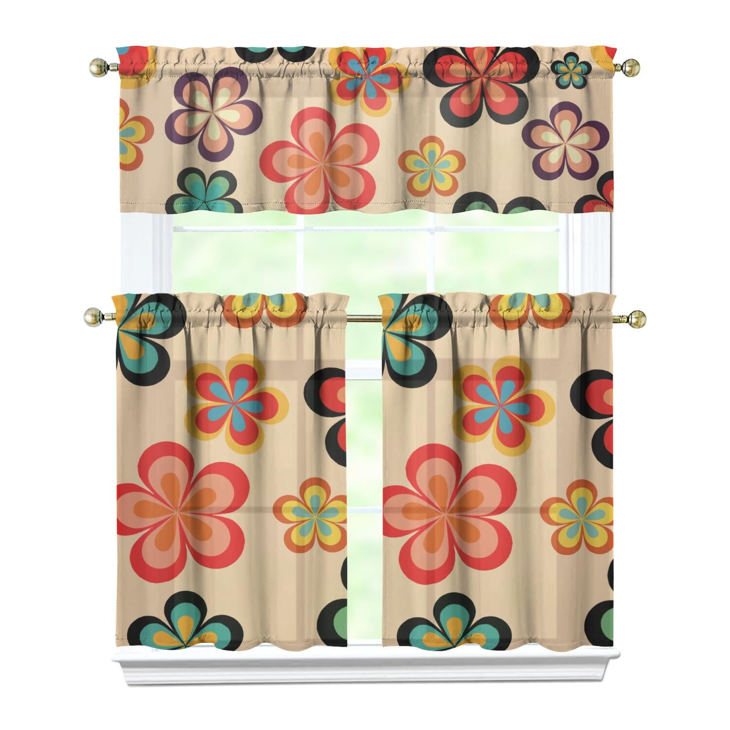 Botanical Garden Print Kitchen Curtains Set Tier and Valance, Vintage ...