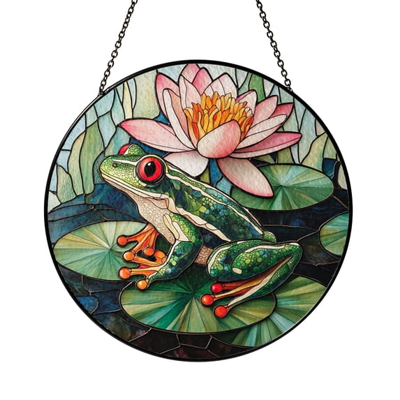 Botanical Glass Suncatcher Window Hanging Decor, Frog and Lotus Light ...