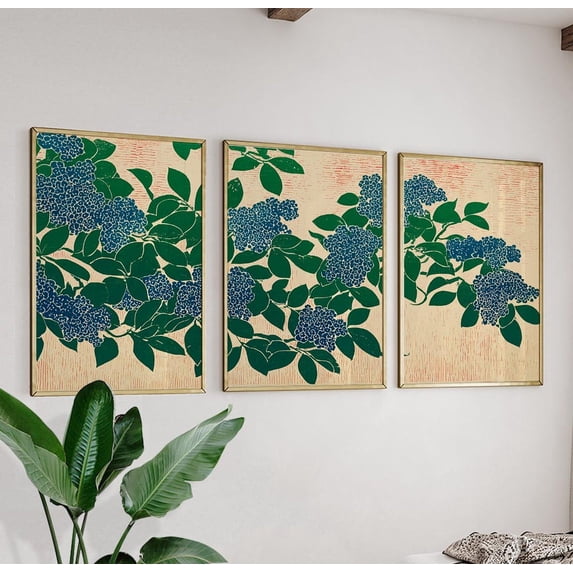 Botanical Green Leaves Blue Florals Triptych Set 3 Stretched Canvas ...