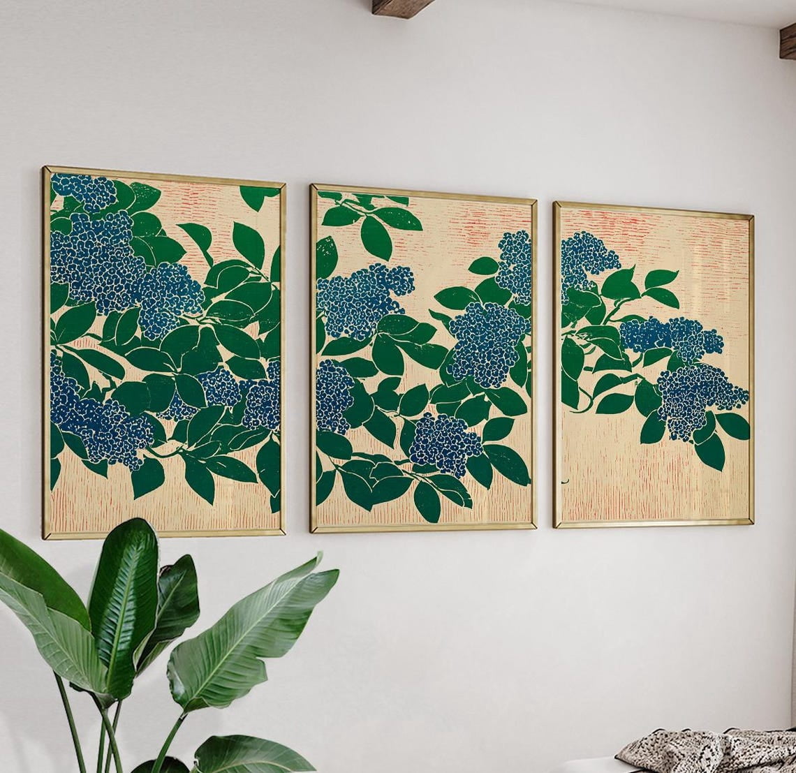 Botanical Green Leaves Blue Florals Triptych Set 3 Unframed Paper Print ...