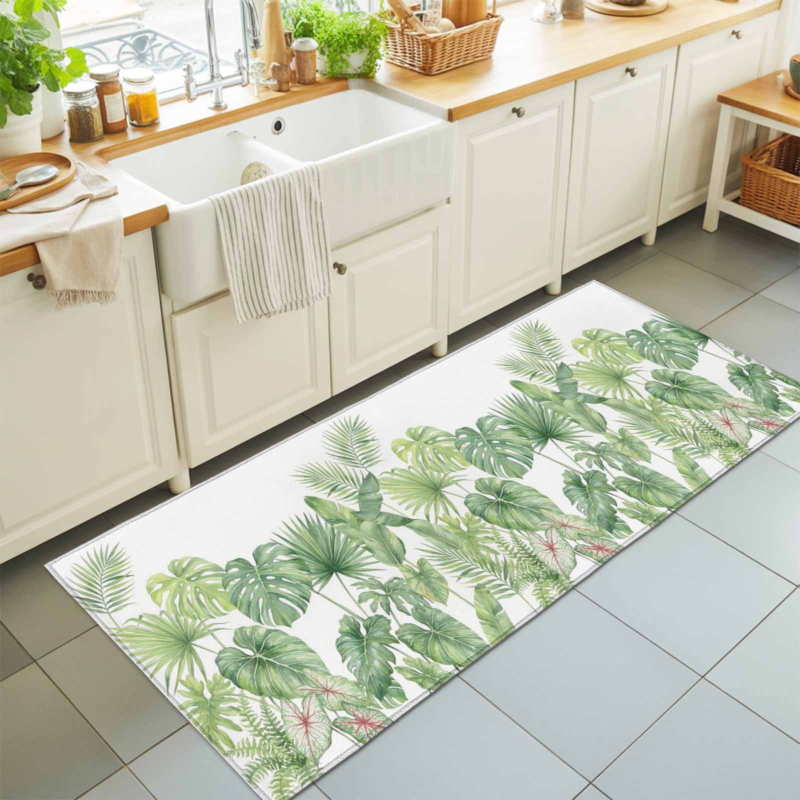 Botanical Green Leaves Plant Rectangle Rug 2'x6' Watercolor Tropical ...