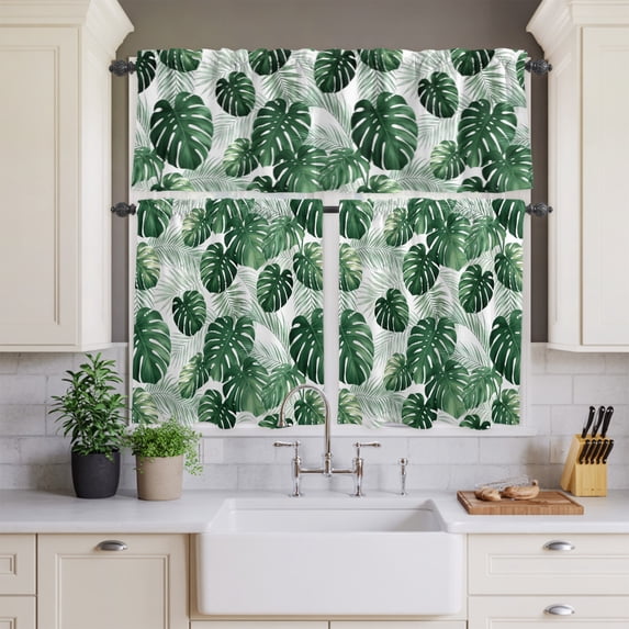 Botanical Green Monstera Palm Leaf Curtain Tier and Valance Set 3 Piece ...