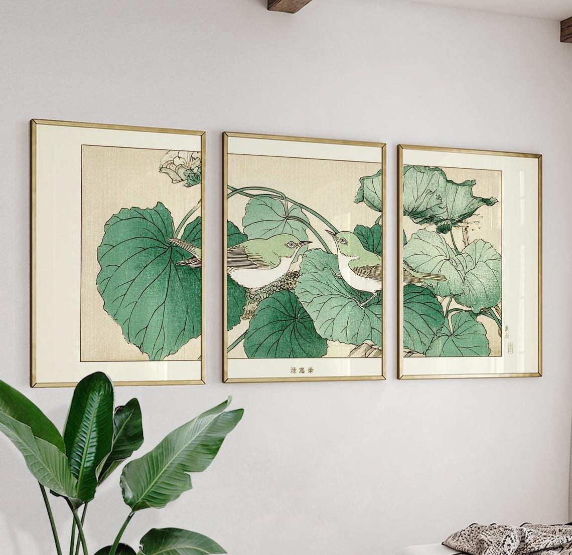 Botanical Green Songbirds Japanese Ink Prints Version 2 Set 3 Unframed ...