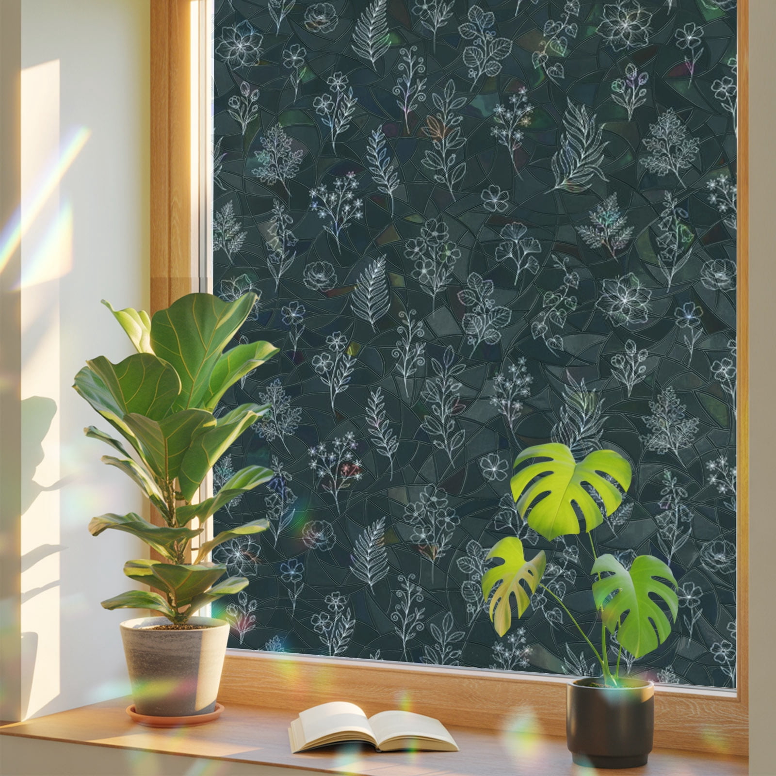 Botanical Green Window Privacy Film Rainbow Static Cling Stain Glass ...