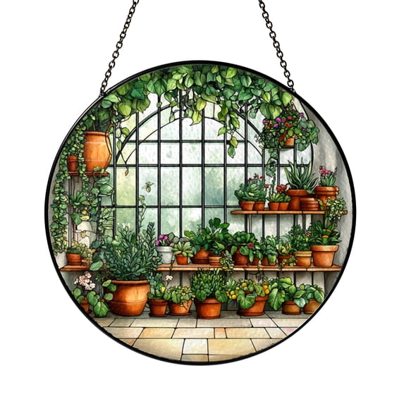 Botanical Greenhouse Stained Glass Suncatcher, Terrarium Window Hanging ...