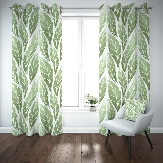 Botanical Grommet Curtains Window Treatment, Plant Green Leaves Curtain ...