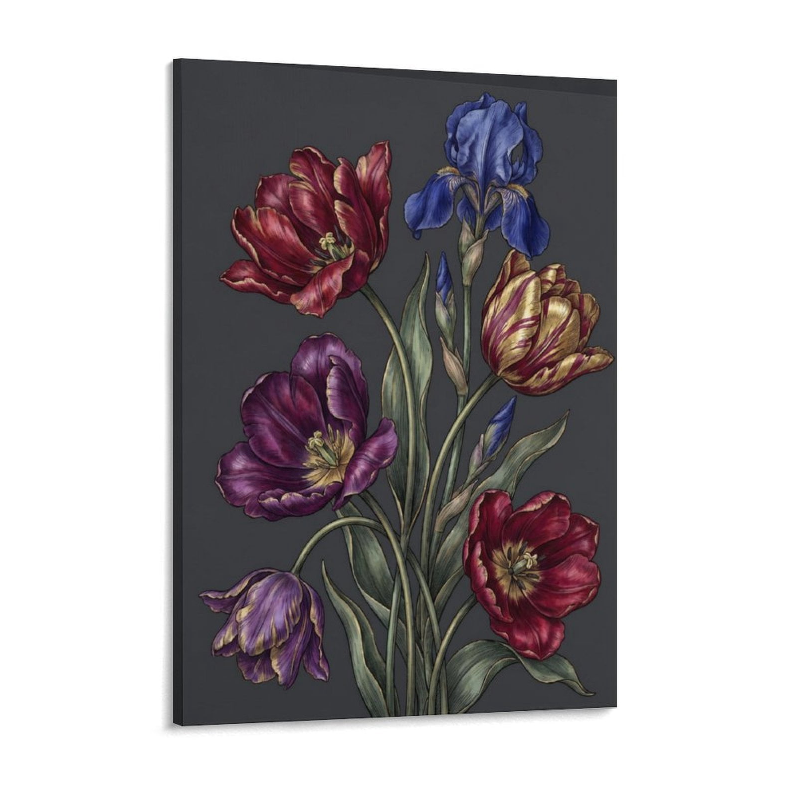 Botanical Hand-Drawn Tulip And Iris Floral Arrangement Vertical Canvas ...