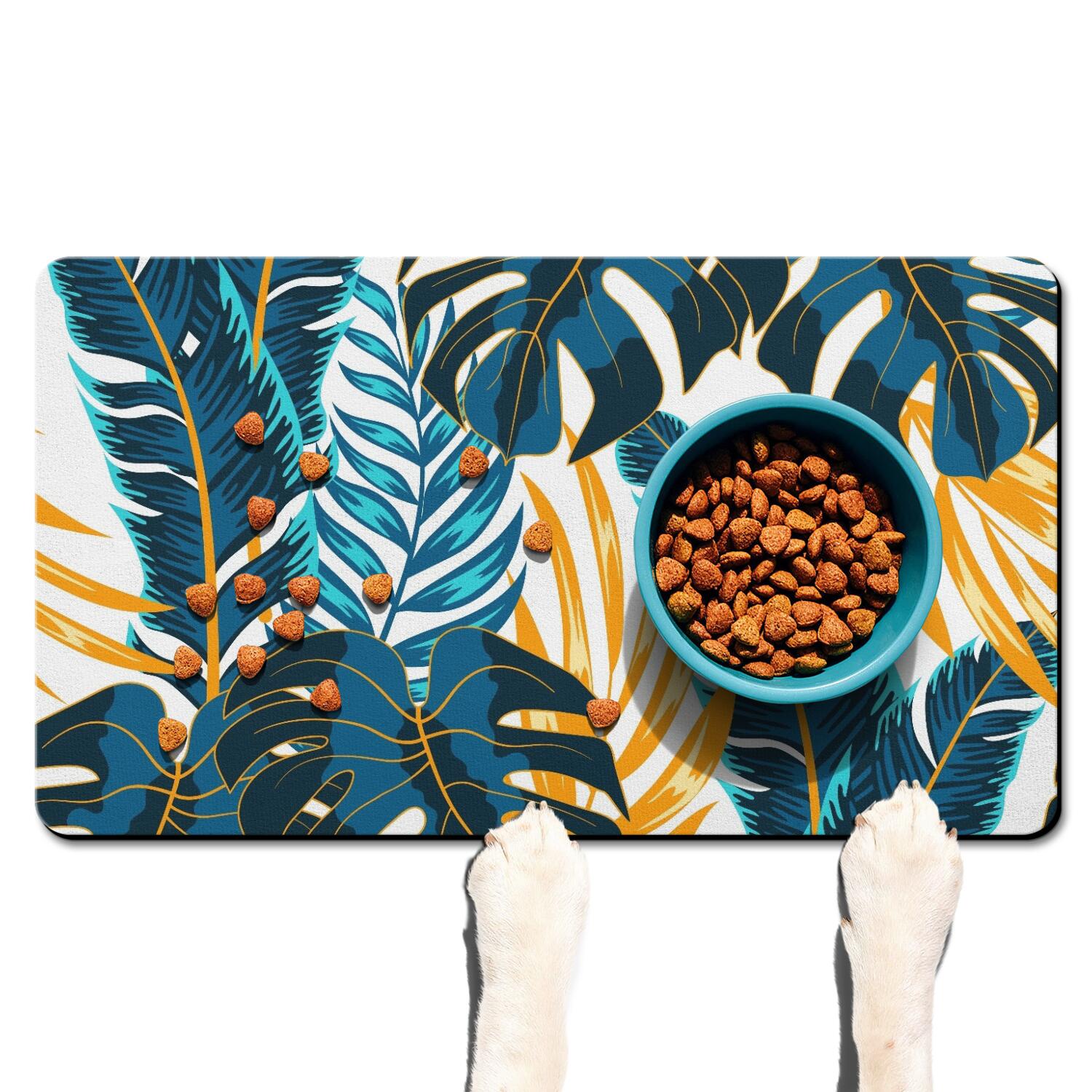 Botanical Hawaiian Dog Bowl Mat - Tropical Plant Pet Feeding Mat ...