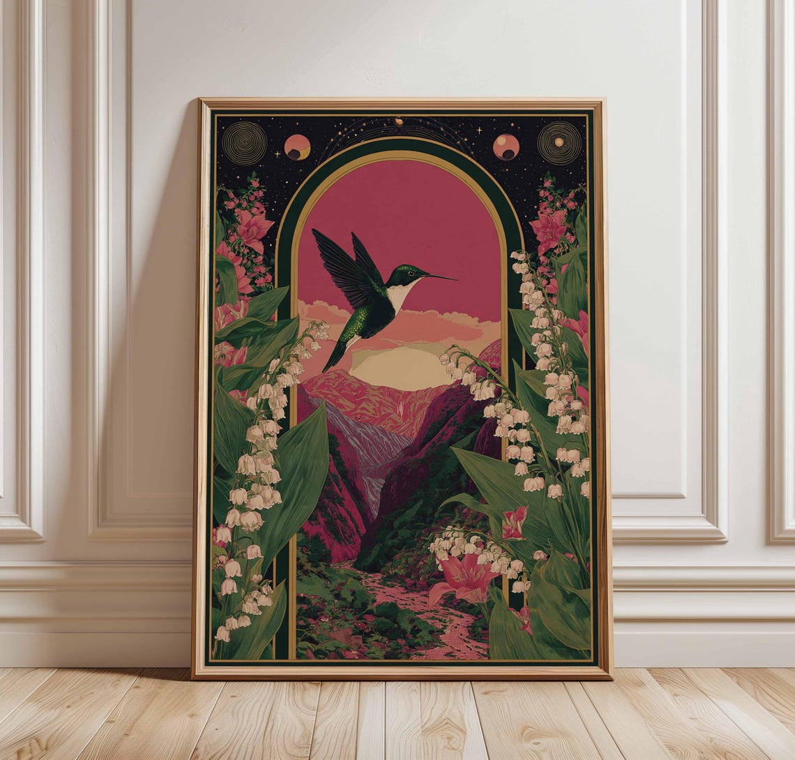 Botanical Hummingbird Art Vintage Goth Cottagecore Nature Decor Art ...