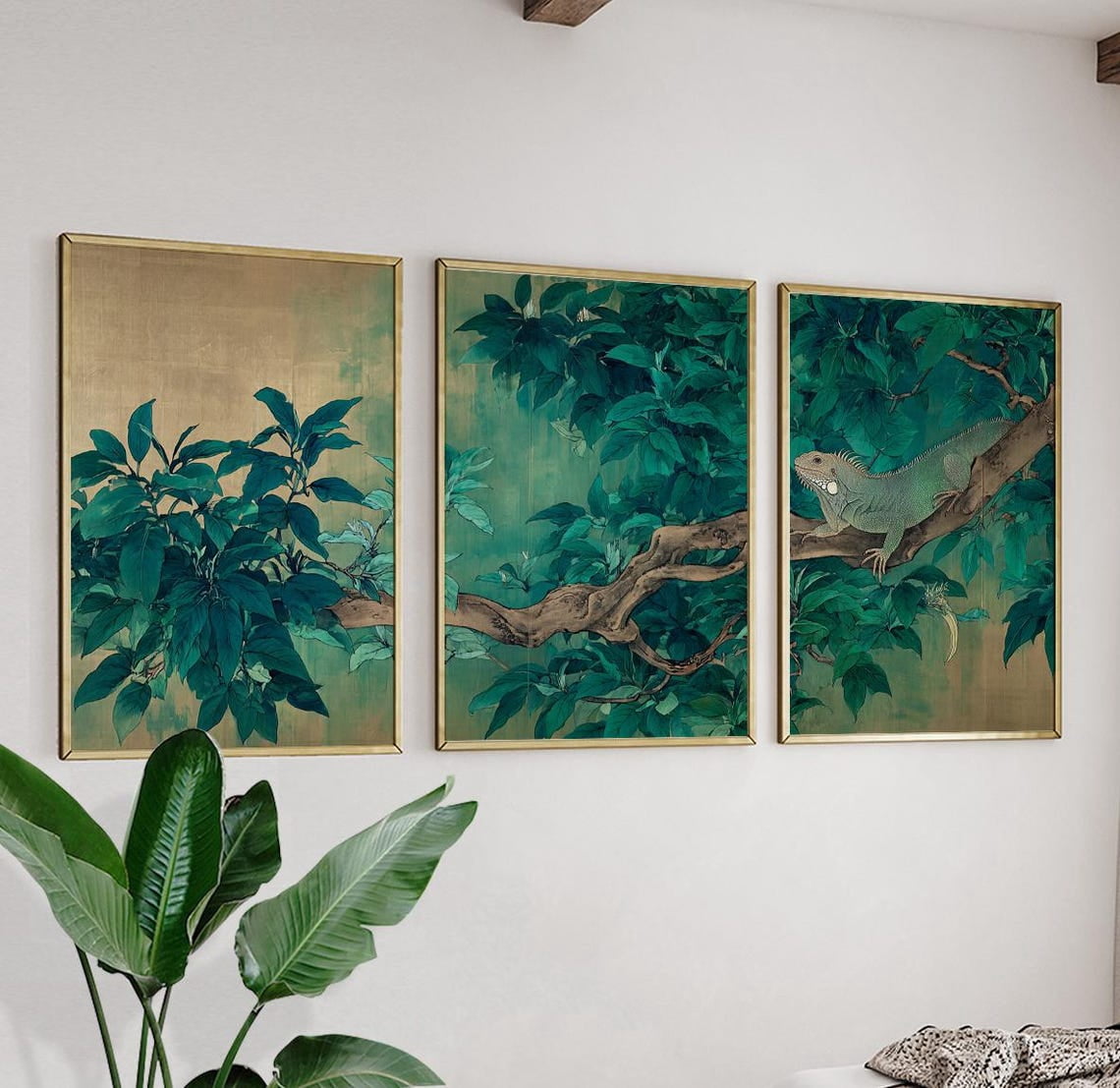 Botanical Iguana Japanese Ink Art Set 3 Stretched Canvas 16x24 ...