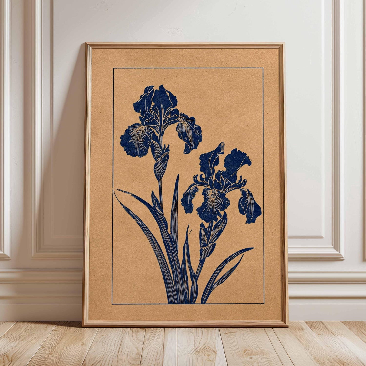 Botanical Iris Art Print, Linocut Style, Navy Blue Floral Illustration ...