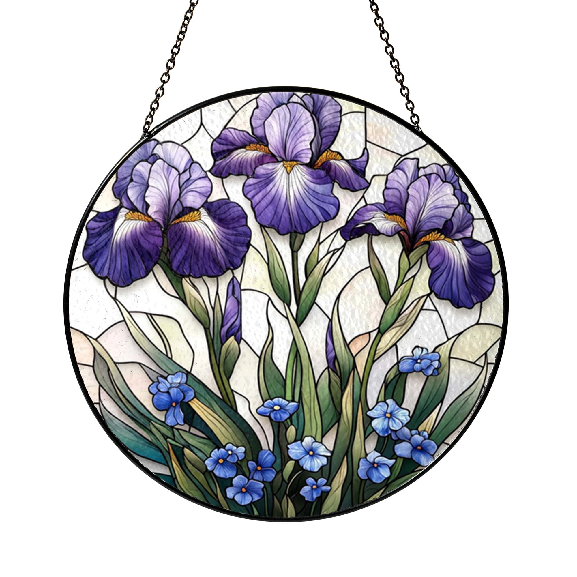 Botanical Iris Stained Glass Style Window Hanging, Floral Art Panel ...