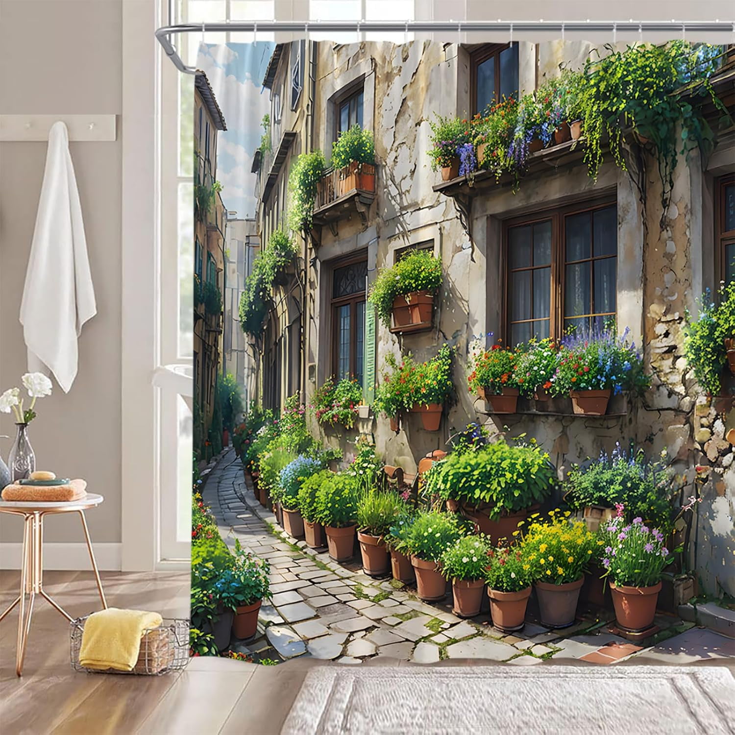 Botanical Italian Shower Curtain – Rustic European Streets, Potted ...