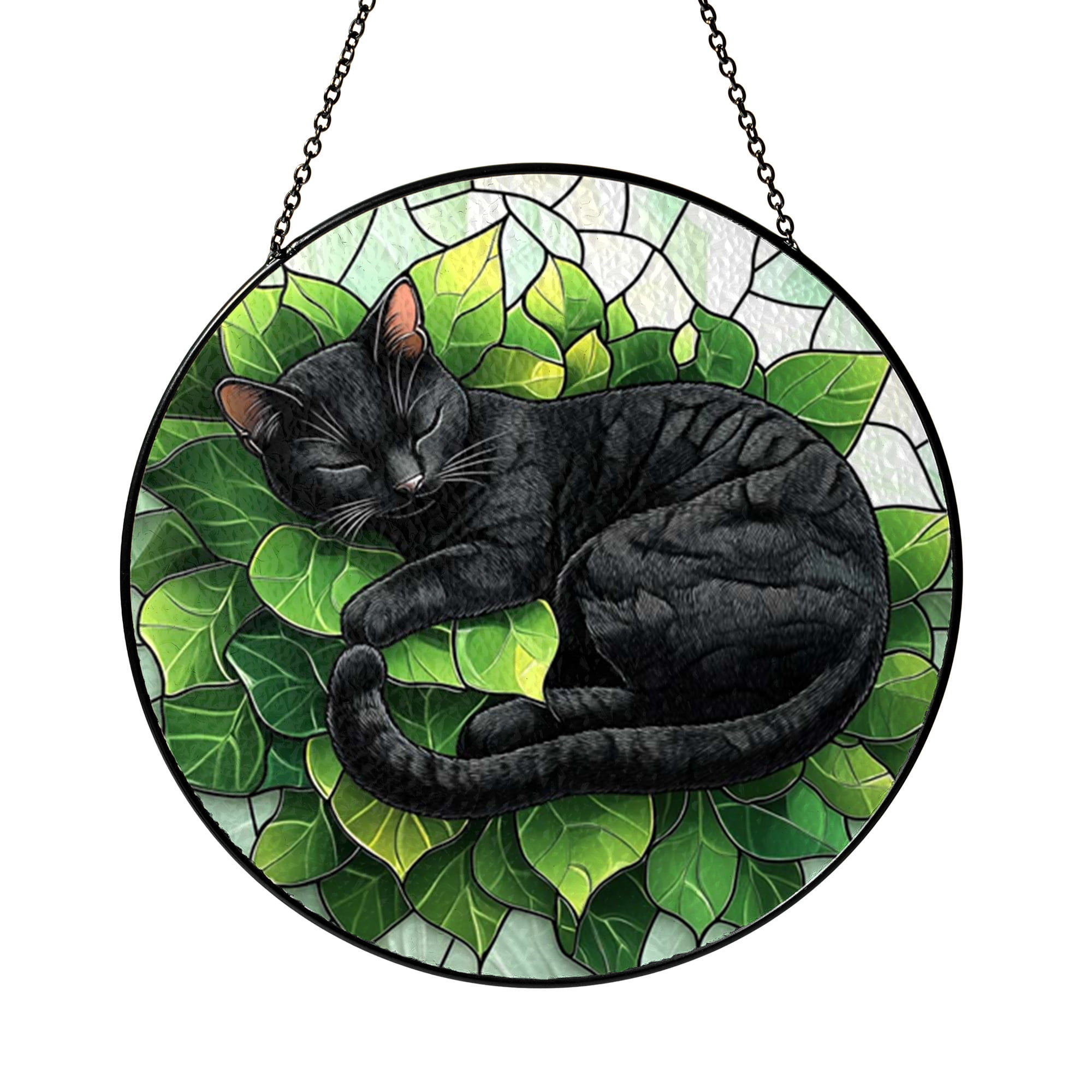 Botanical Ivy Black Cat Stained Glass Suncatcher Window Panel, Cozy ...