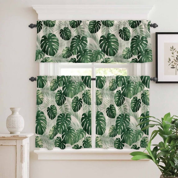 Botanical Jungle Leaves on Linen Curtain Tier and Valance Set 3 Piece ...