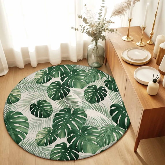 Botanical Jungle Leaves on Linen Round Area Rug 3ft,Living Room Rug Non ...