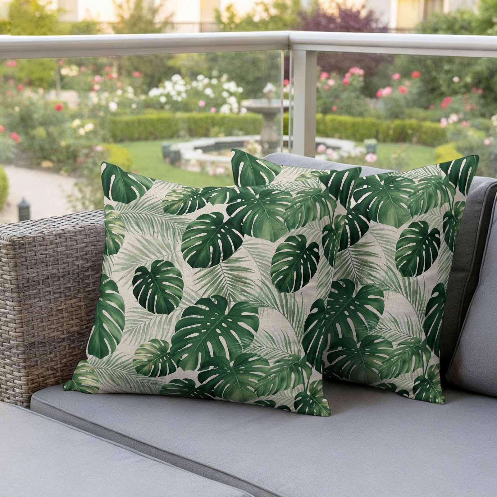 Botanical Jungle Leaves on Linen Waterproof Throw Pillow Covers Set of ...