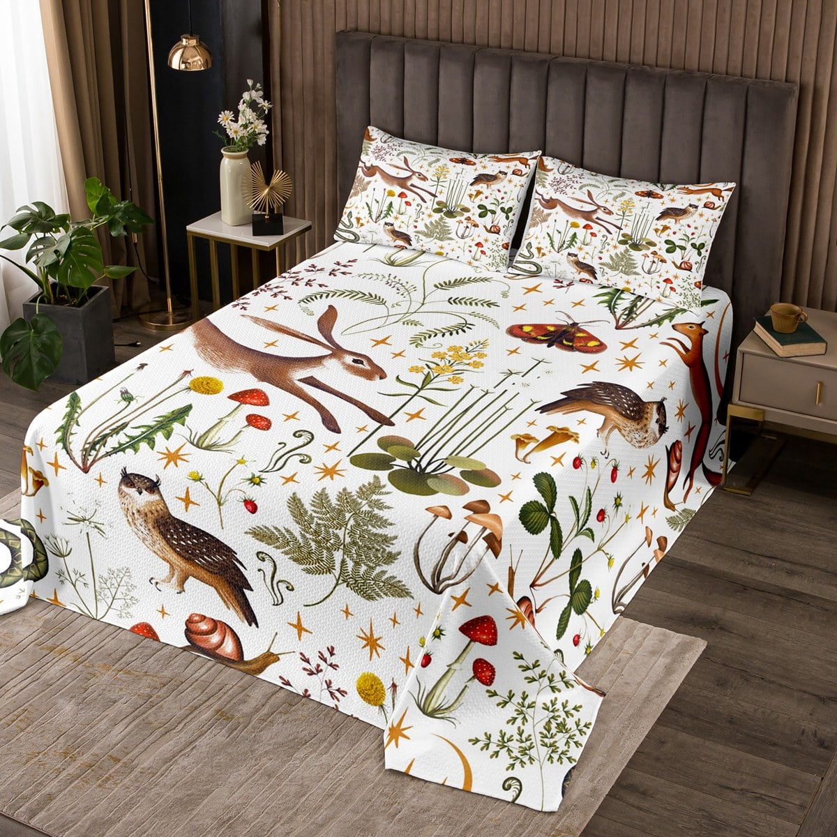 Botanical King Bedspread Set ,Rabbit Snake Coverlet Set Owl Squirrel ...