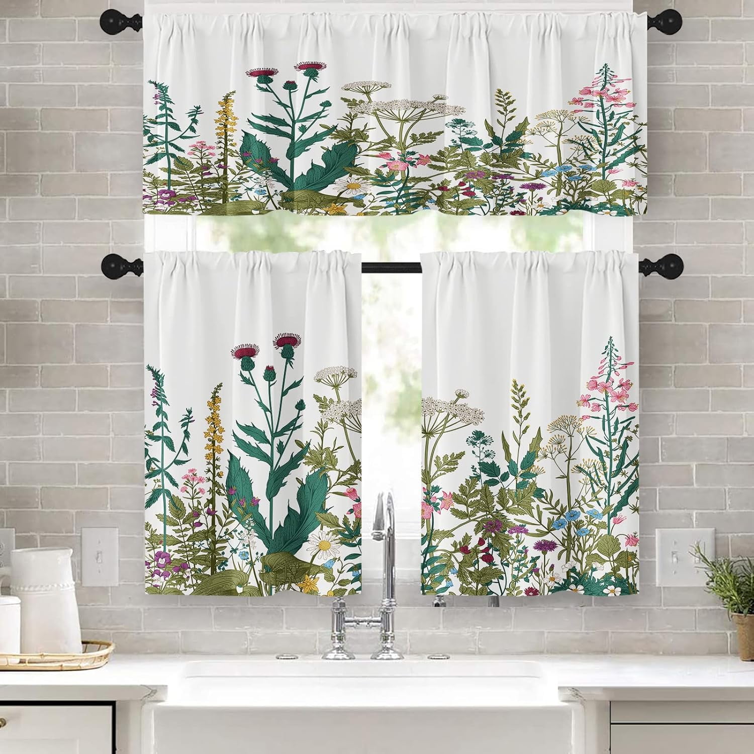Botanical Kitchen Curtains Herbs and Wildflowers Window Curtains and ...