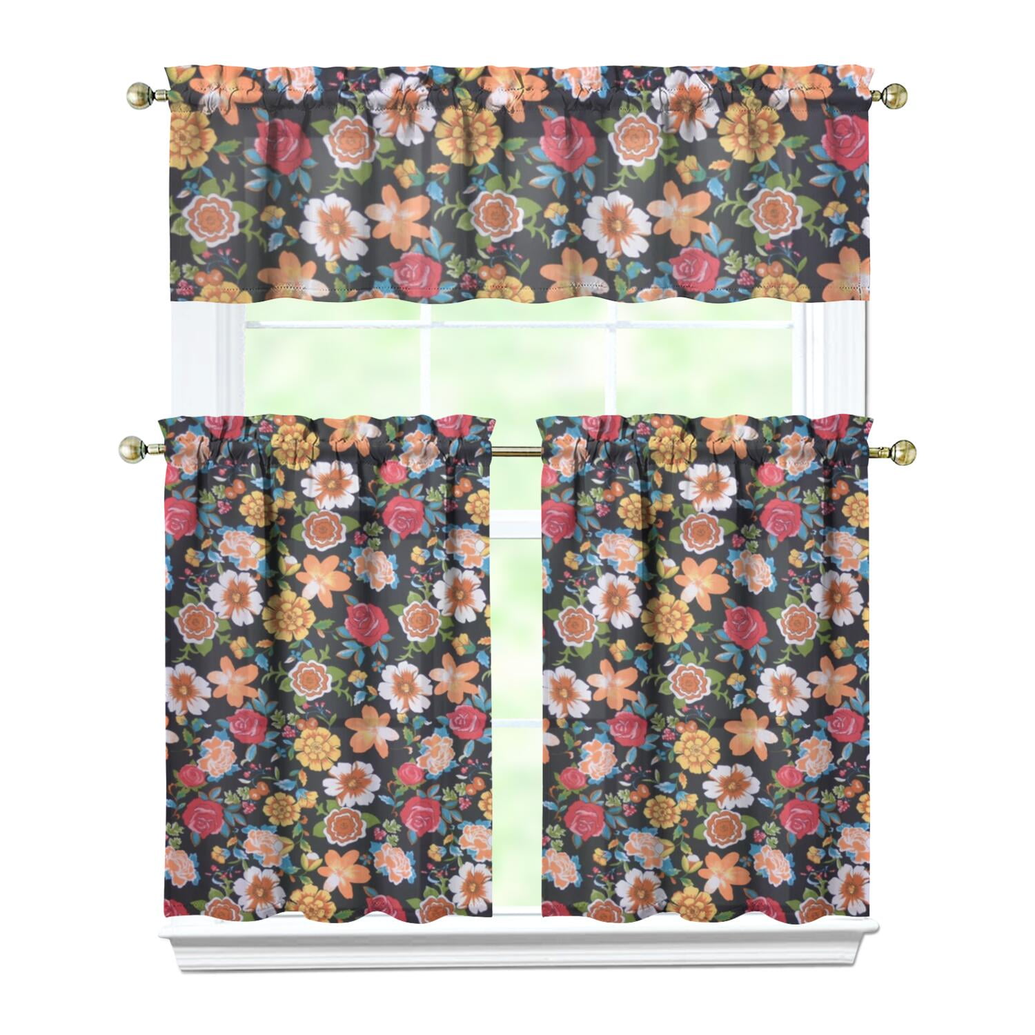 Botanical Kitchen Curtains Set Tier and Valance, Vintage Floral Print ...