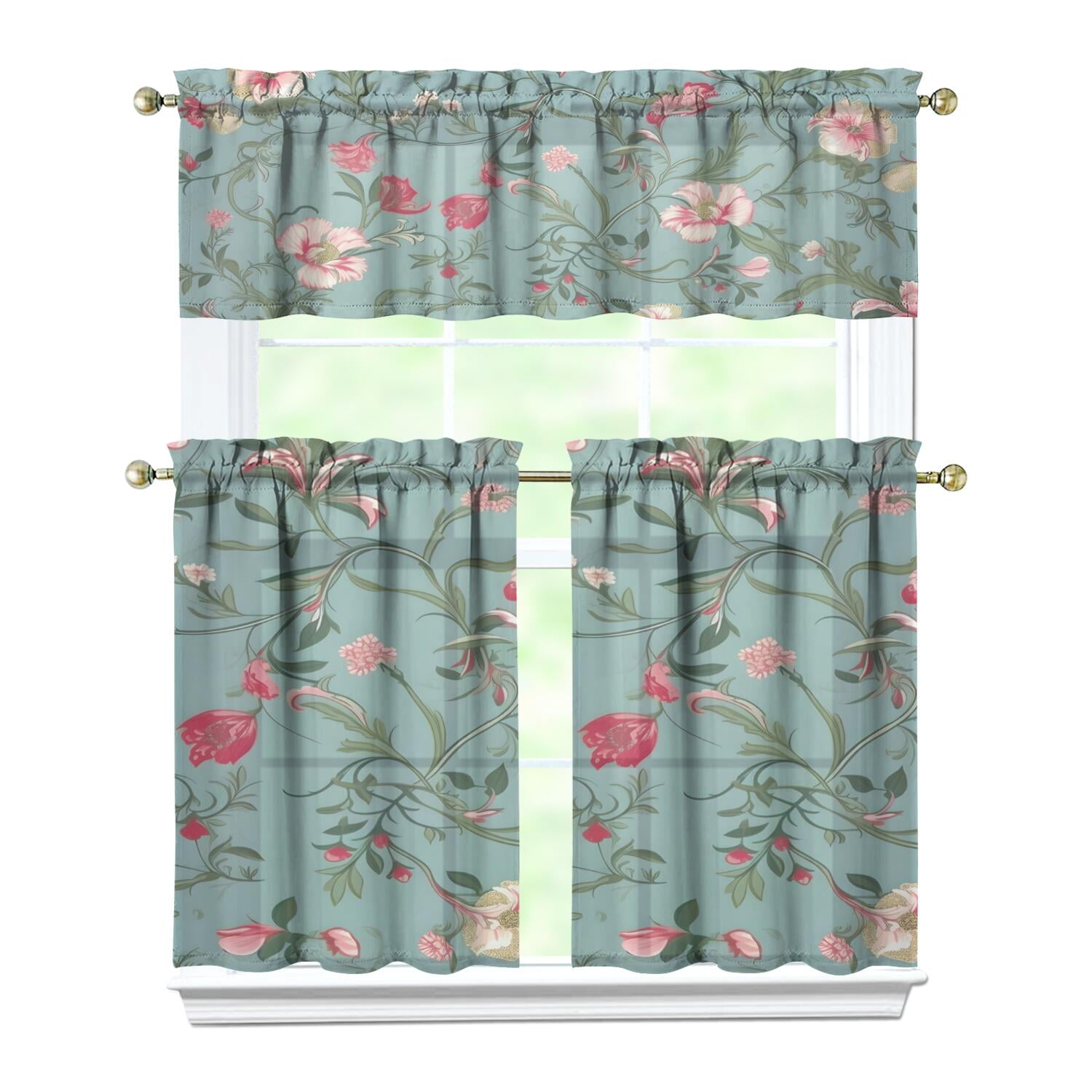 Botanical Kitchen Curtains Set Tier and Valance, Vintage Floral Print ...