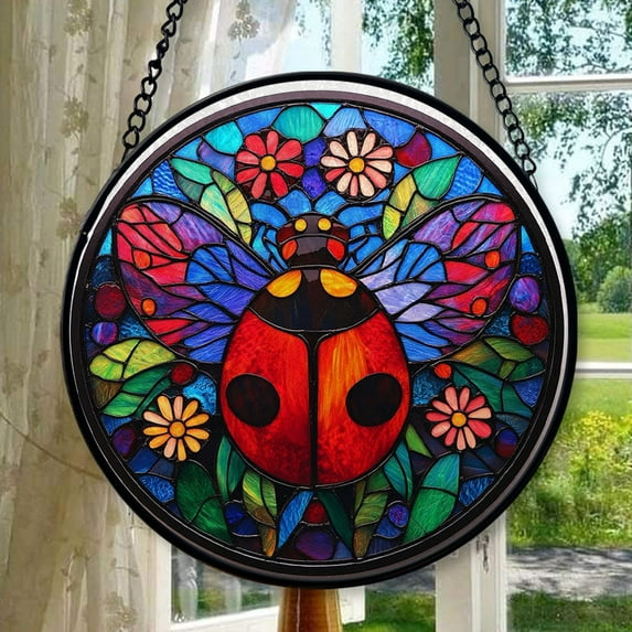 Botanical Ladybug Stained Glass Window Hangings, Handcrafted Stained ...