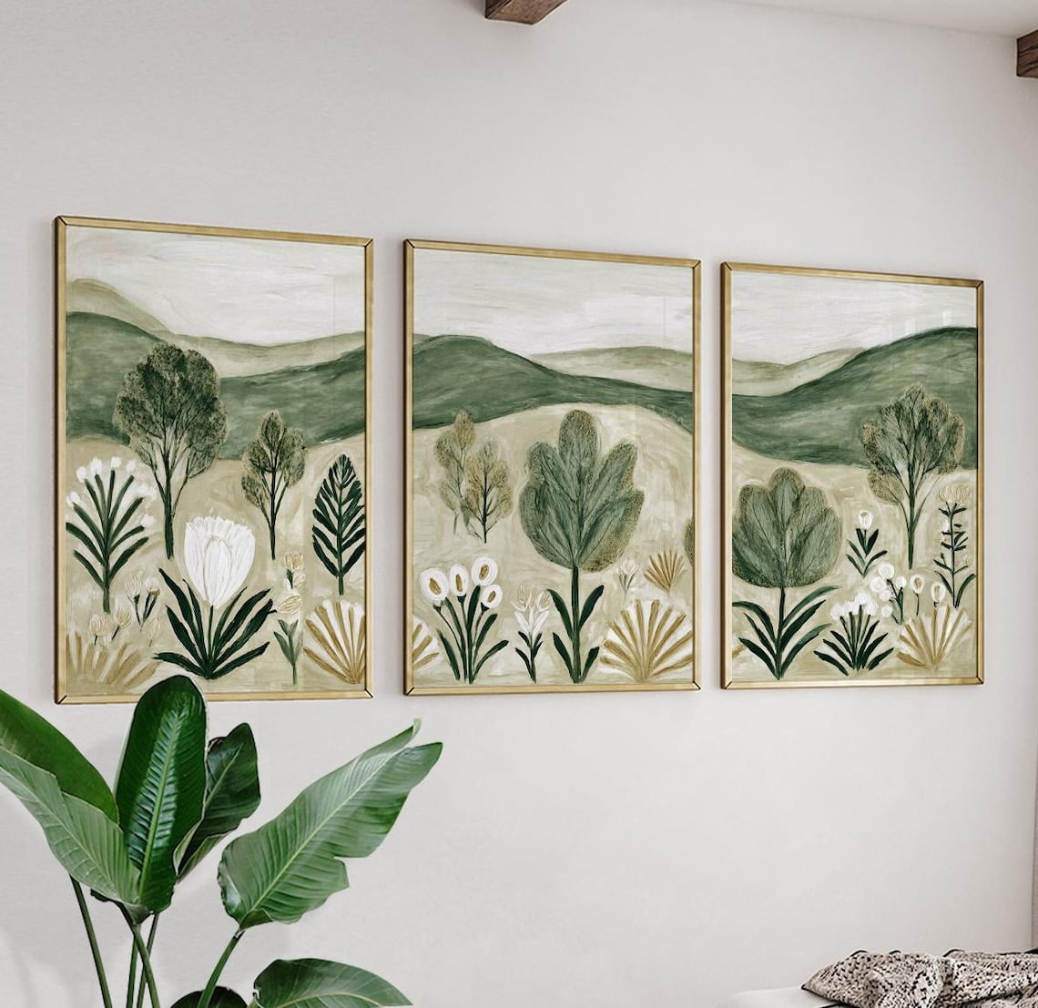 Botanical Landscape Green Meadow Nature Art Set 3 Stretched Canvas ...