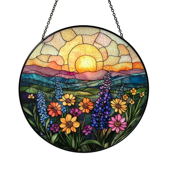 Botanical Landscape Stained Glass Style Window Hanging, Colorful Flower ...