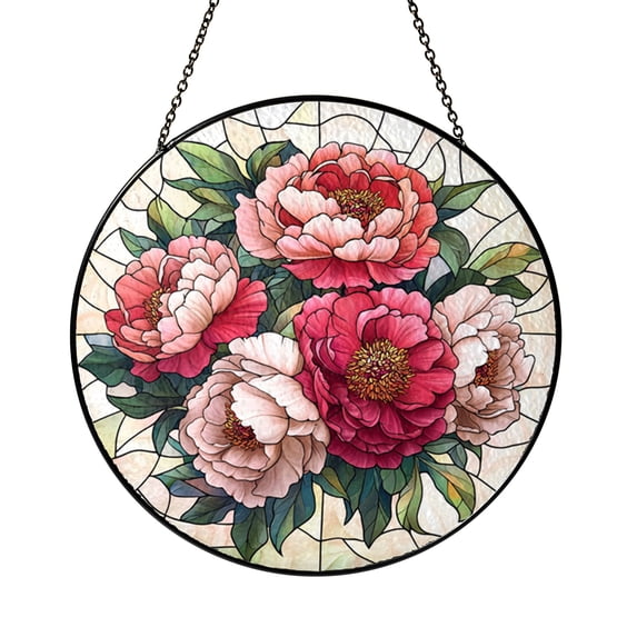 Botanical Landscape Stained Glass Style Window Suncatcher, Peony Flower ...