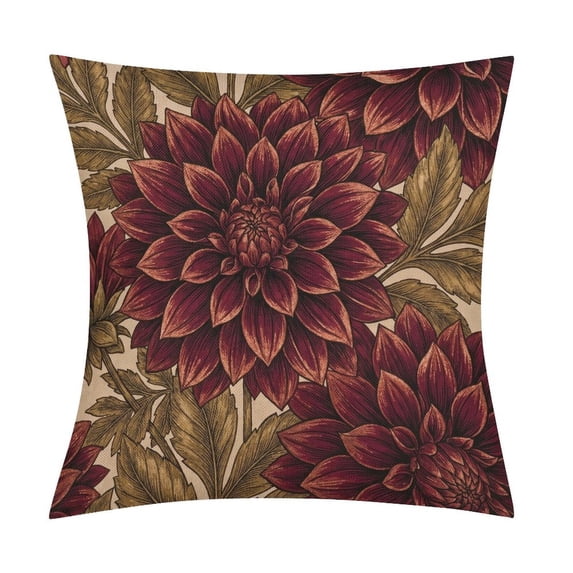 Botanical Large Burgundy Dahlias with Golden Leaves PatternFaux Linen ...