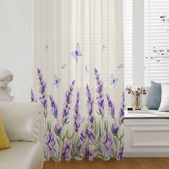 Botanical Lavender Floral Semi Sheer Curtains Drapes for Living Room ...