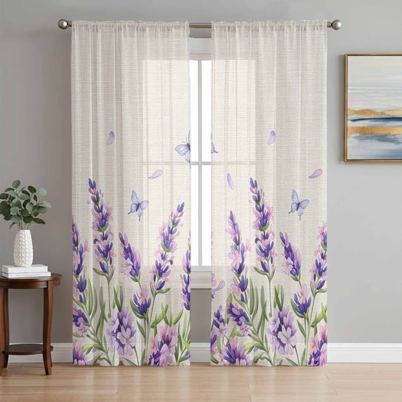 Botanical Lavender Floral Sheer Curtains 72 Inch Length 2 Panels for ...