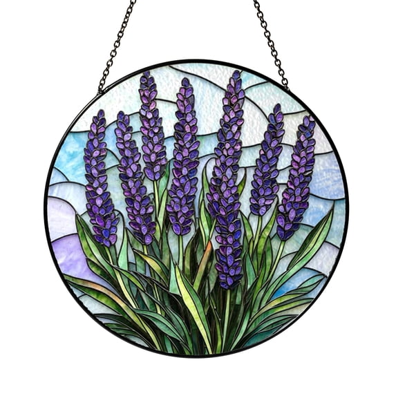 Botanical Lavender Flower Stained Glass Window Hanging, Round ...