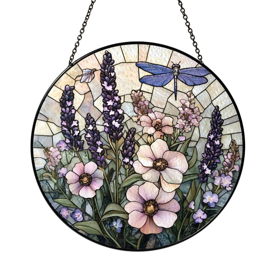 Botanical Lavender and Dragonfly Illustration Stained Glass Style ...